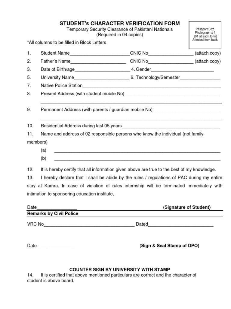 Student 'S Character Verification Form: Remarks by Civil Police | PDF