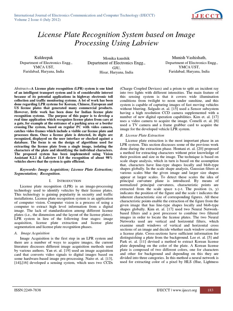 License Plate Recognition System Based On Image Processing Using Labview | PDF | Optical ...