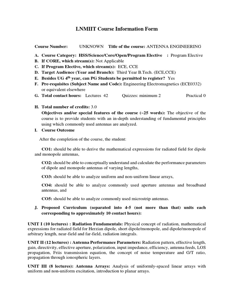 LNMIIT Course Information Form: A. B. C. D. E. F | PDF | Antenna (Radio) | Broadcast Engineering