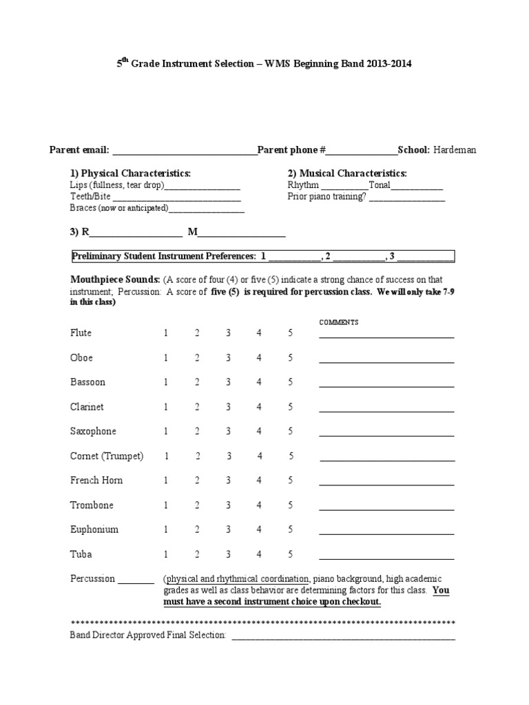 Preliminary Student Instrument Preferences: 1 - , 2 - , 3 | PDF ...