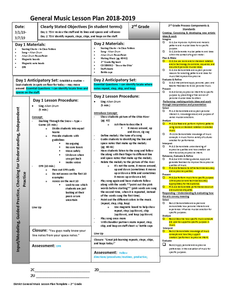 General Music Lesson Plan 2018-2019: Date: Clearly Stated Objectives ...