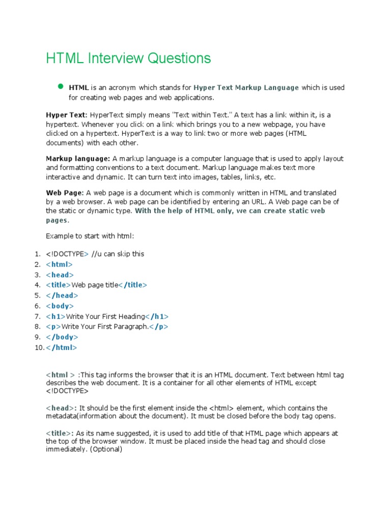 HTML Interview Questions: HTML Is An Acronym Which Stands For | Download Free PDF | Html Element ...