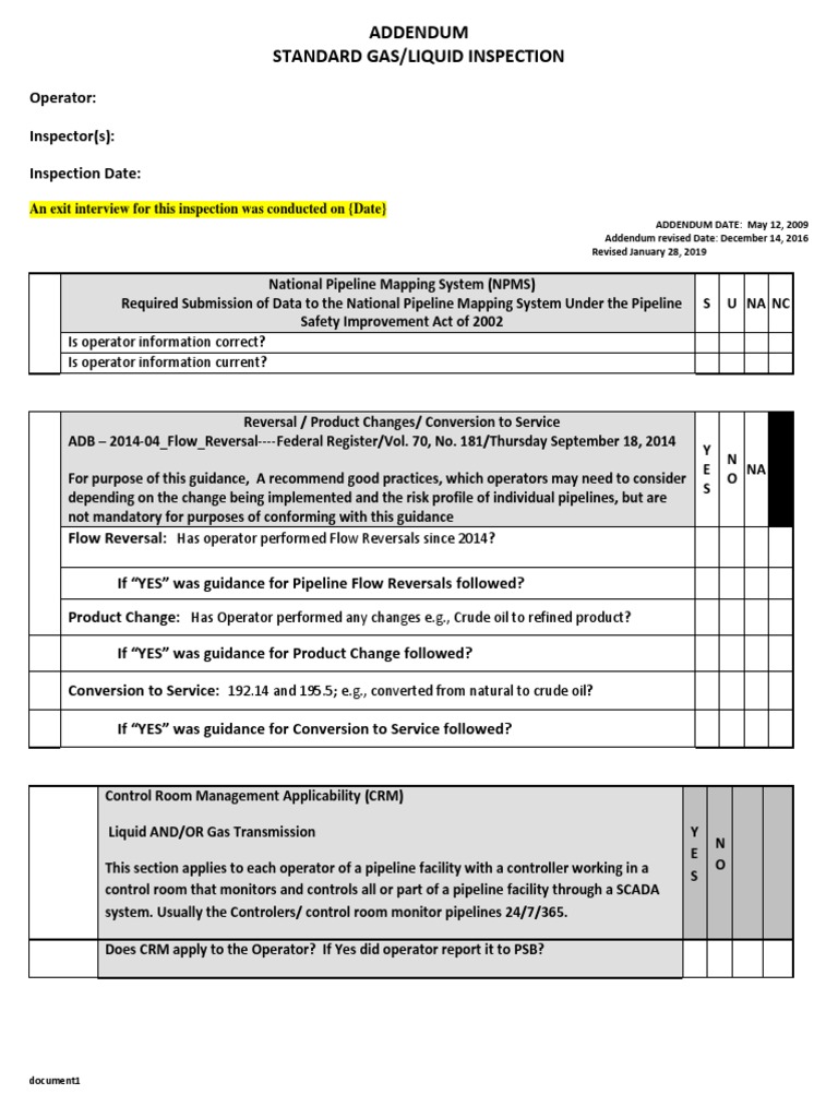 Addendum Standard Gas/Liquid Inspection: An Exit Interview For This ...