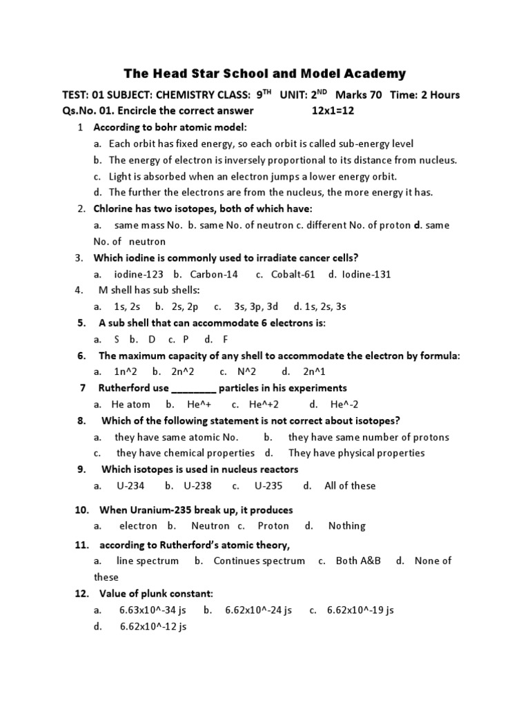9th Chem CHP 2-mcqs | PDF | Atomic Nucleus | Electron