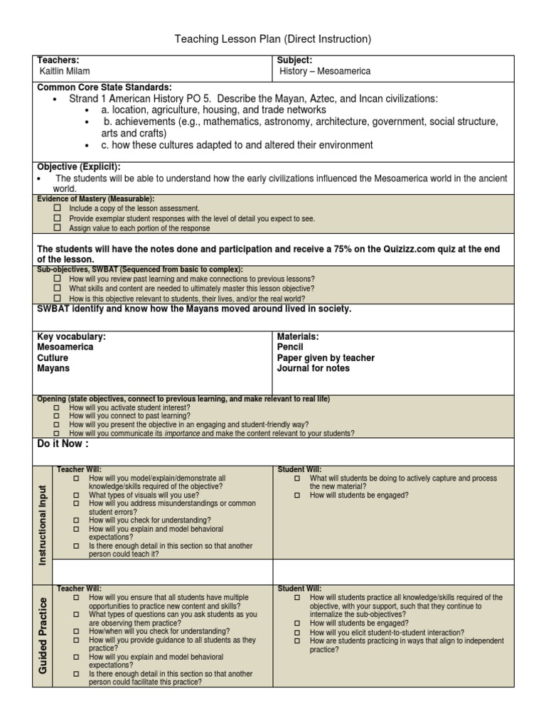 Teaching Lesson Plan (Direct Instruction) : Kaitlin Milam History ...