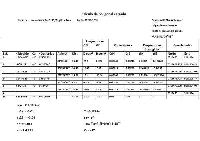 Cuadro de Poligonal Cerrada Topografia General | PDF | Geomática ...
