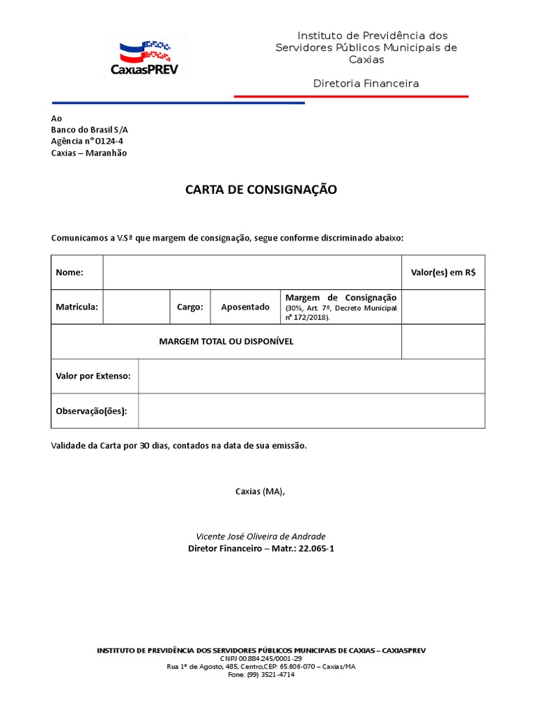 Modelo de Carta de Consignação - CaxiasPrev