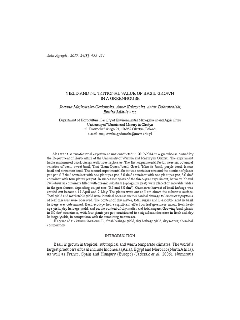 Yield and Nutrition Value of Basil | PDF | Basil | Photosynthesis