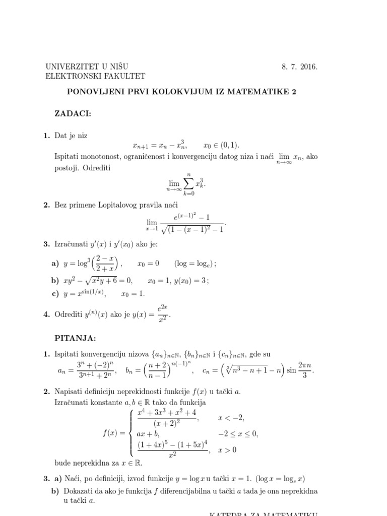 Matematika 2 Prvi Kolokvijum Elfak | PDF
