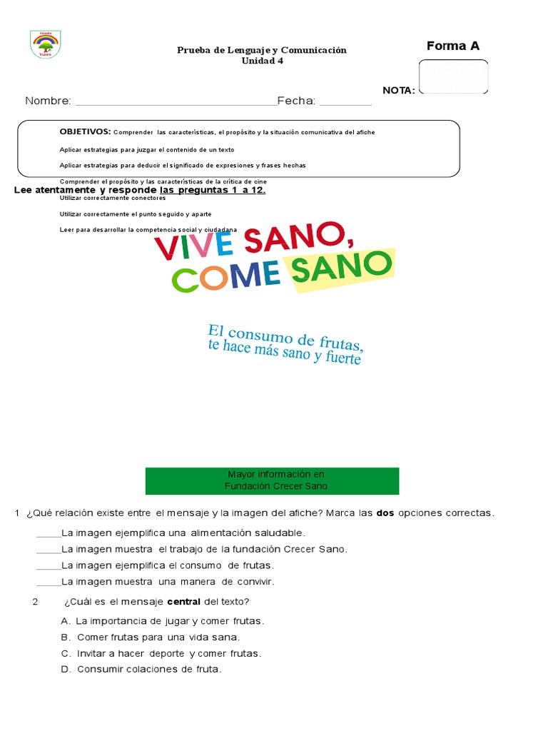 Prueba de Lenguaje Sexto Unidad 4 Forma A | PDF | Cometa | Póster