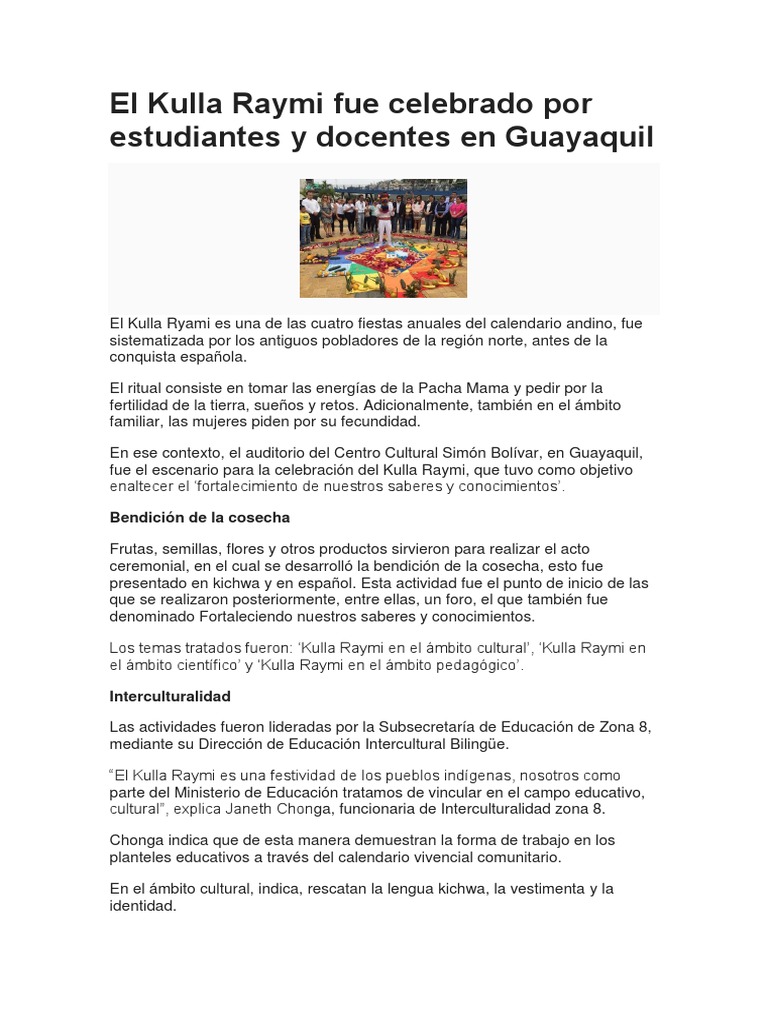 El Kulla Raymi Fue Celebrado Por Estudiantes y Docentes en Guayaquil | PDF