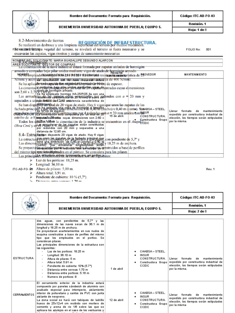 Hojas de Requisicion | Fundación (Ingeniería) | Hormigón