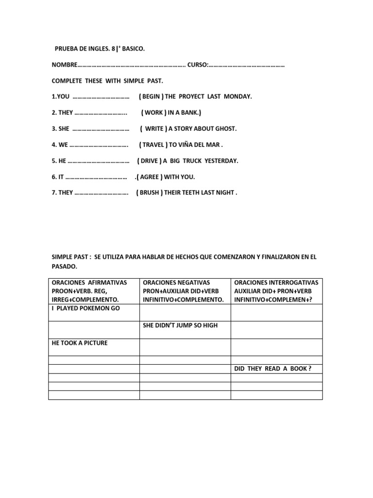 Prueba de Ingles (8° Basico.) | PDF