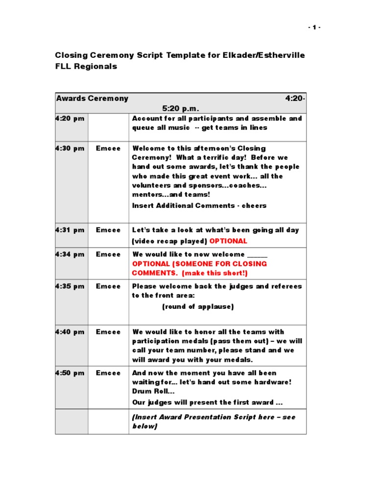 Closing Ceremony Script Template For Elkader/Estherville FLL Regionals ...