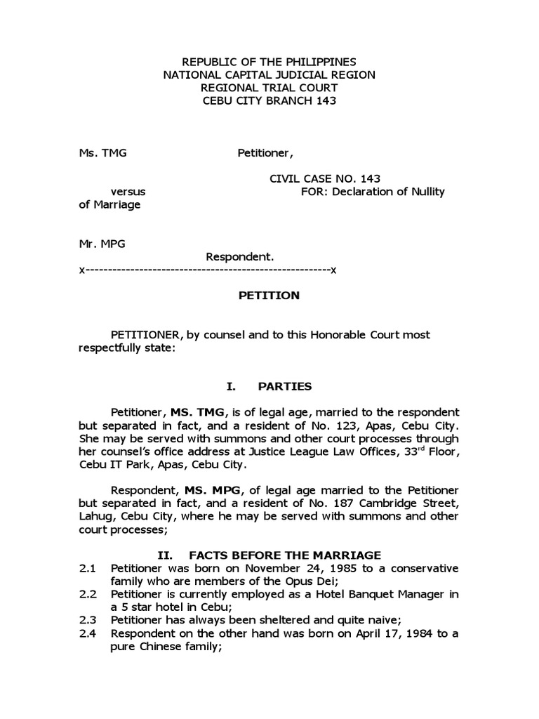 Petition For Annulment | PDF | Marriage | Social Institutions