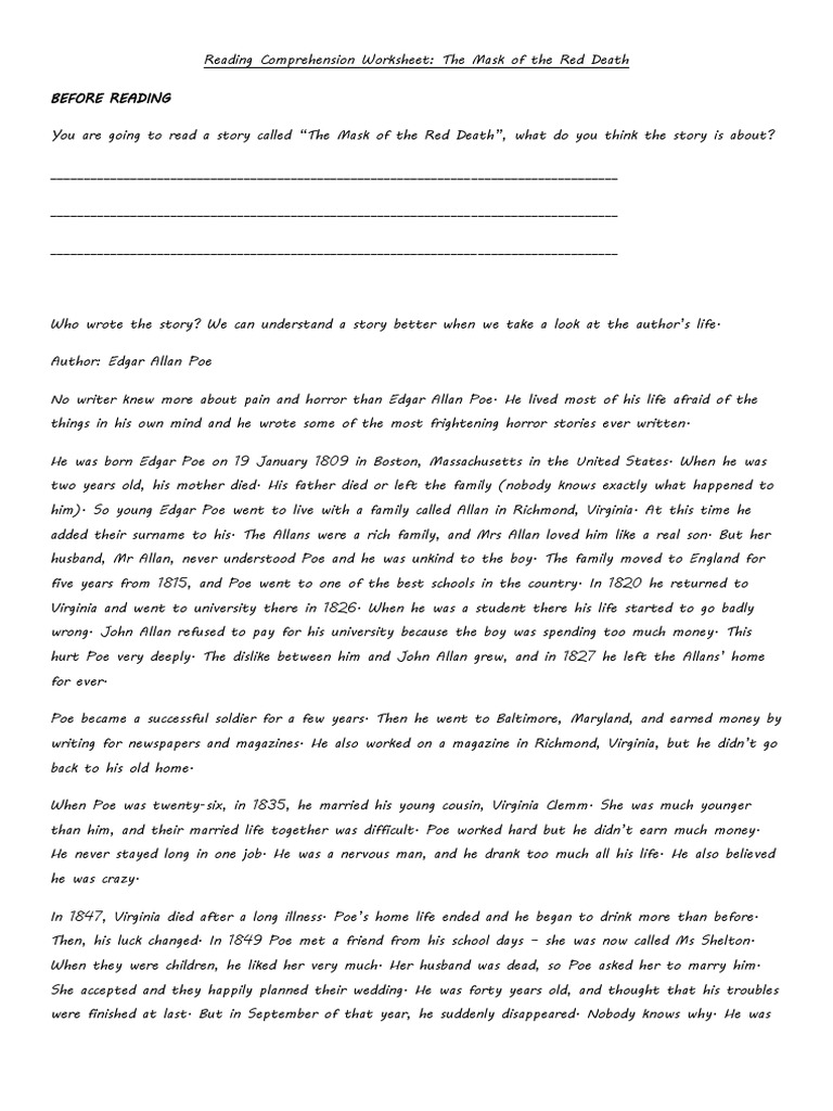 Reading Comprehension Worksheet - The Mask of The Red Death | PDF ...