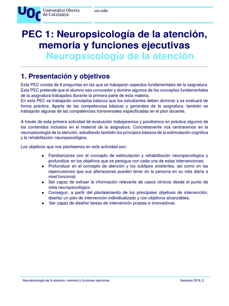 PEC 1 - Neuropsicologia de La Atencion, Memoria y Funciones Ejecutivas ...