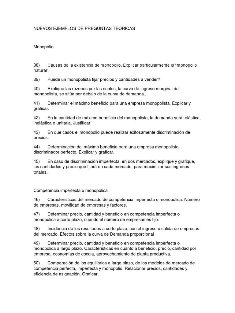 Nuevos Ejemplos de Preguntas Teoricas PDF | PDF | Monopolio | Oligopolio Nuevos Ejemplos de Preguntas Teoricas PDF | PDF | Monopolio | Oligopolio