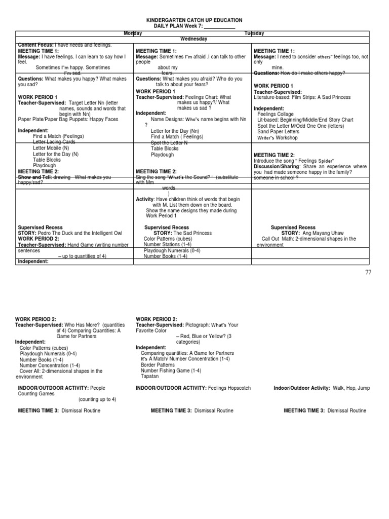 Kindergarten Week 7 Daily Plan | PDF | Drawing | Puppets
