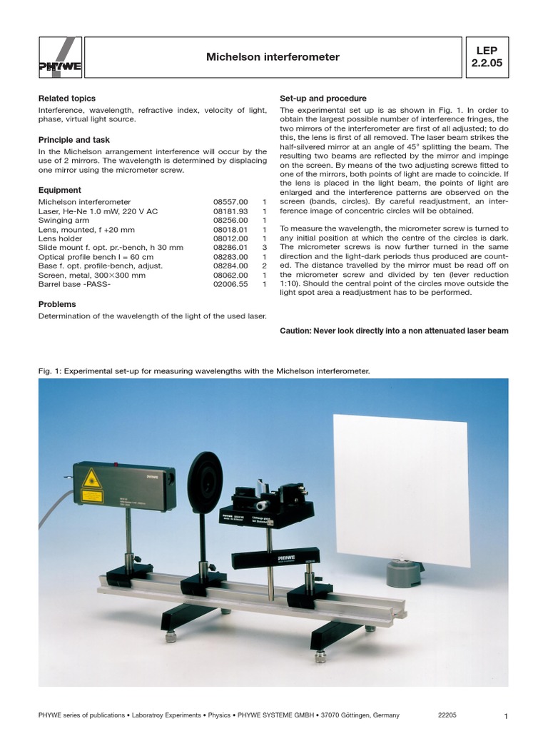 Michelson PHYWE PDF | PDF | Interferometry | Wavelength