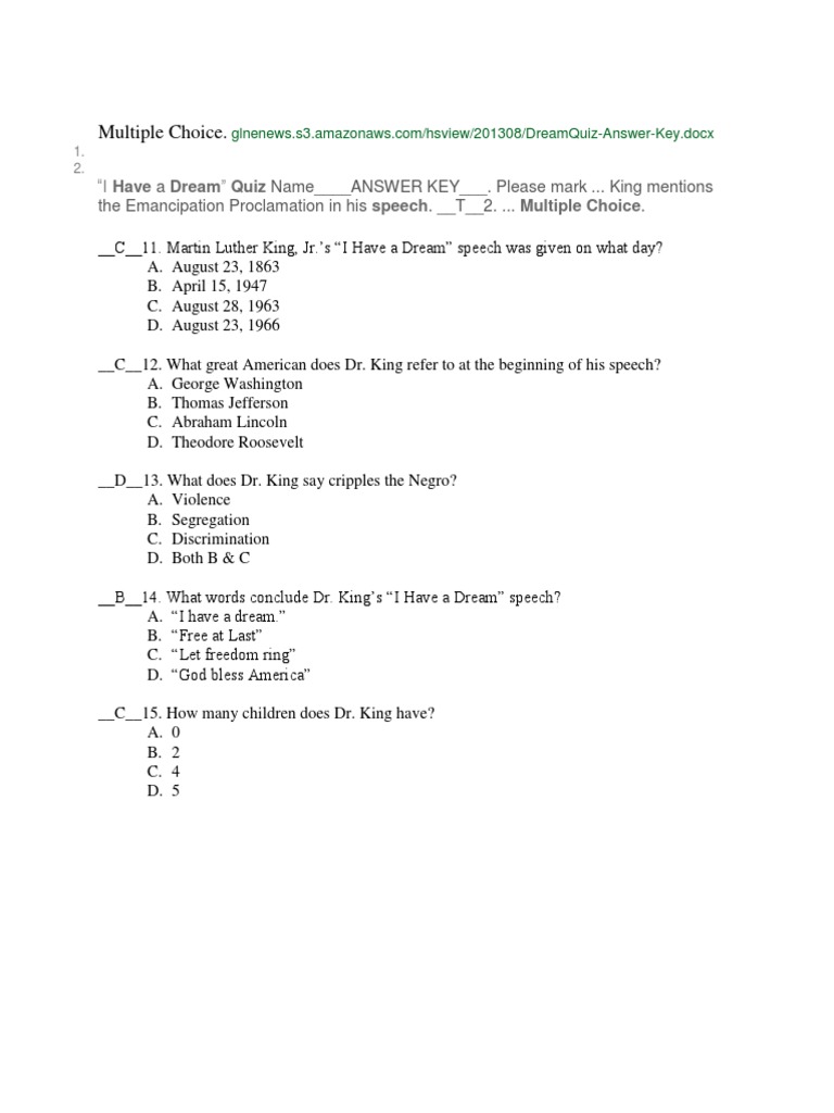I Have a Dream Quiz Answer Key | PDF | Martin Luther King Jr.