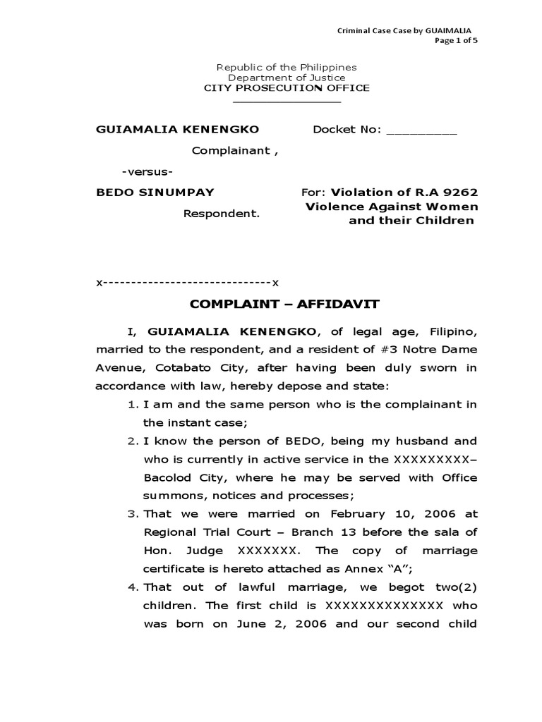 Sample Complaint Affidavit For Violation of RA 9262 | PDF | Marriage ...