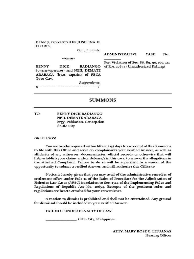 Summons: BFAR 7, Represented by JOSEFINA D. Flores, Administrative Case ...