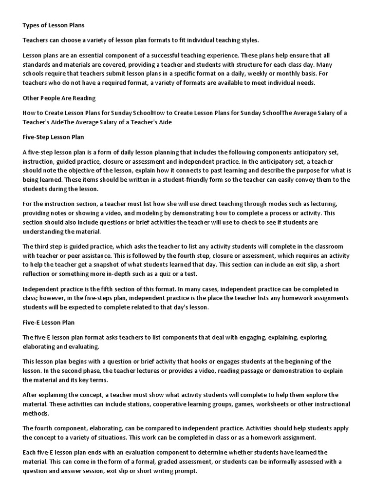 An Overview of Common Lesson Plan Formats: Explaining the Structures ...
