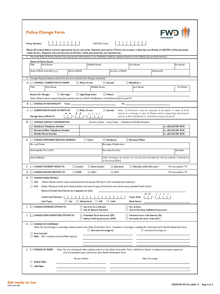 Policy Change Form PDF | PDF | Identity Document | Insurance