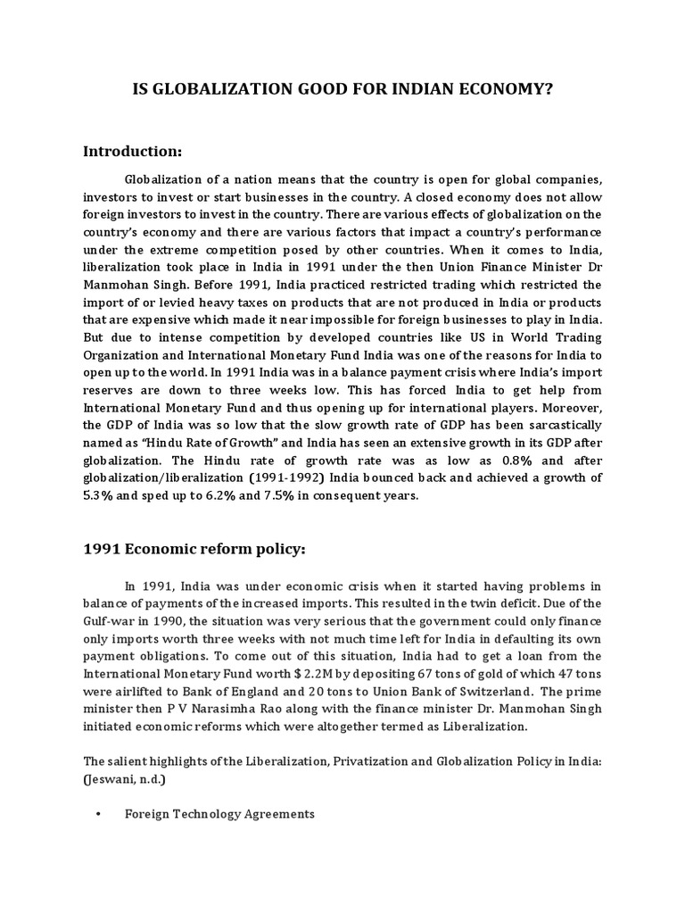 Impact of 1991 Globalization on India | PDF | Economy Of India ...