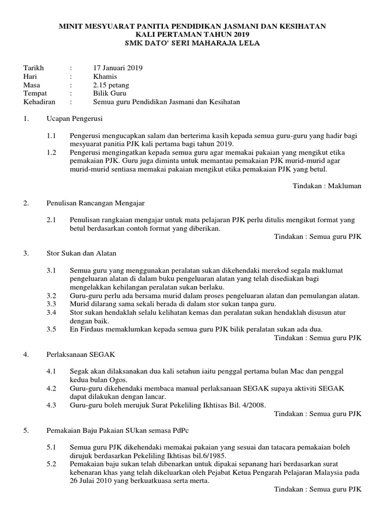 Minit Mesyuarat Panitia Pendidikan Jasmani Dan Kesihatan | PDF