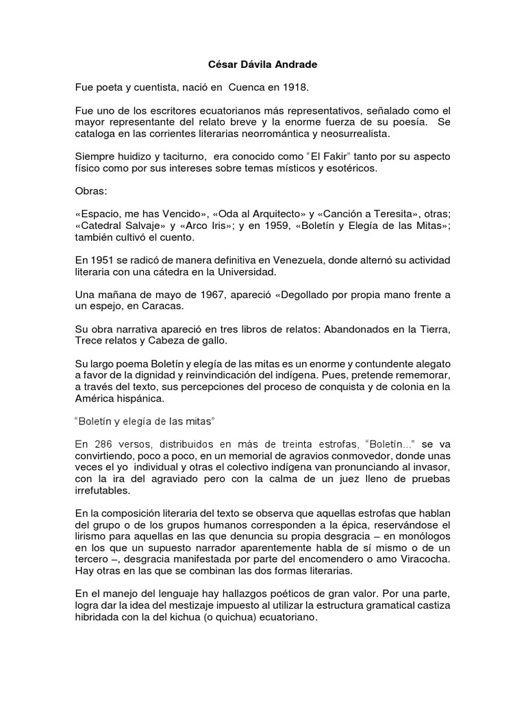 Biografía y obras de César Dávila Andrade | PDF