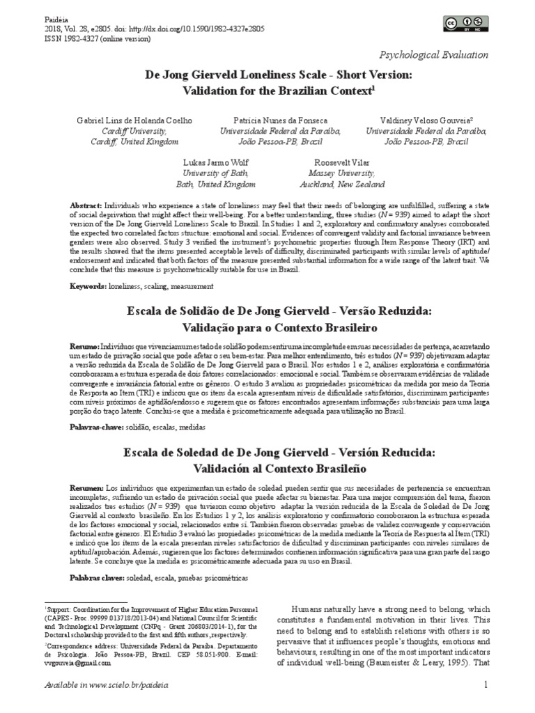 De Jong Gierveld Loneliness Scale Brazil | PDF | Emergence ...