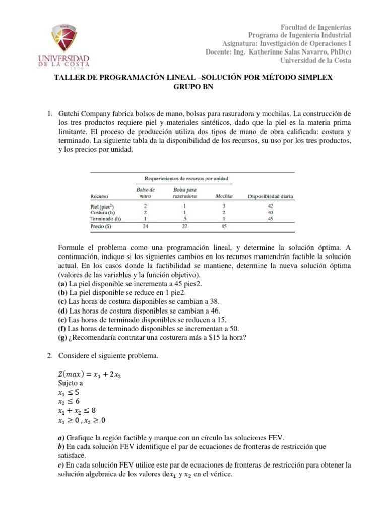 Taller 3 - Método Simplex - Grupo BN - 2019-1 | PDF | Programación ...