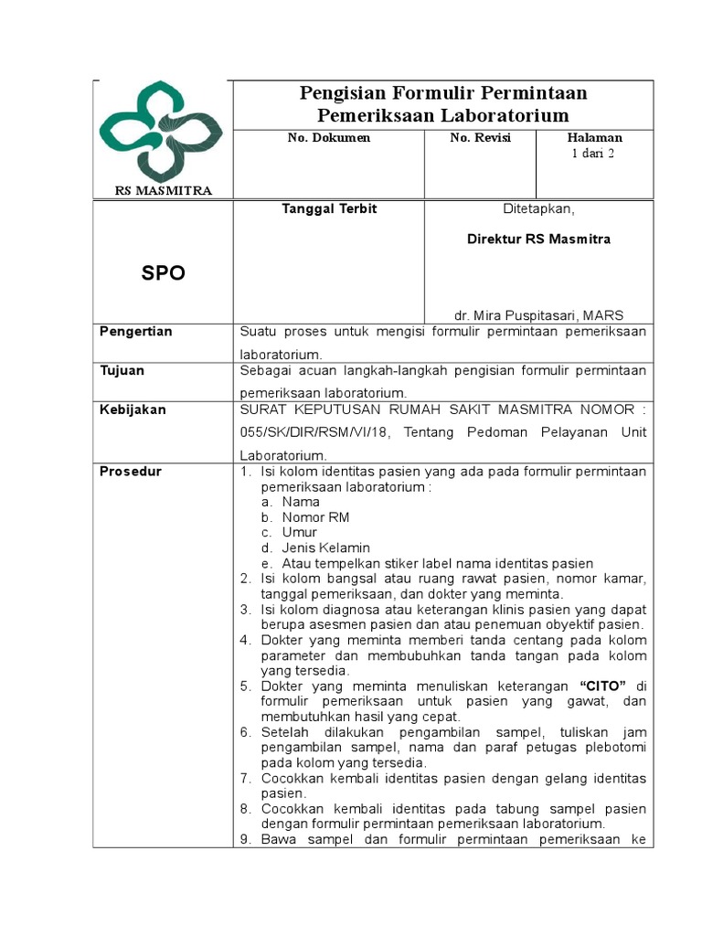Pengisian Formulir Permintaan Pemeriksaan Laboratorium: No. Dokumen No ...