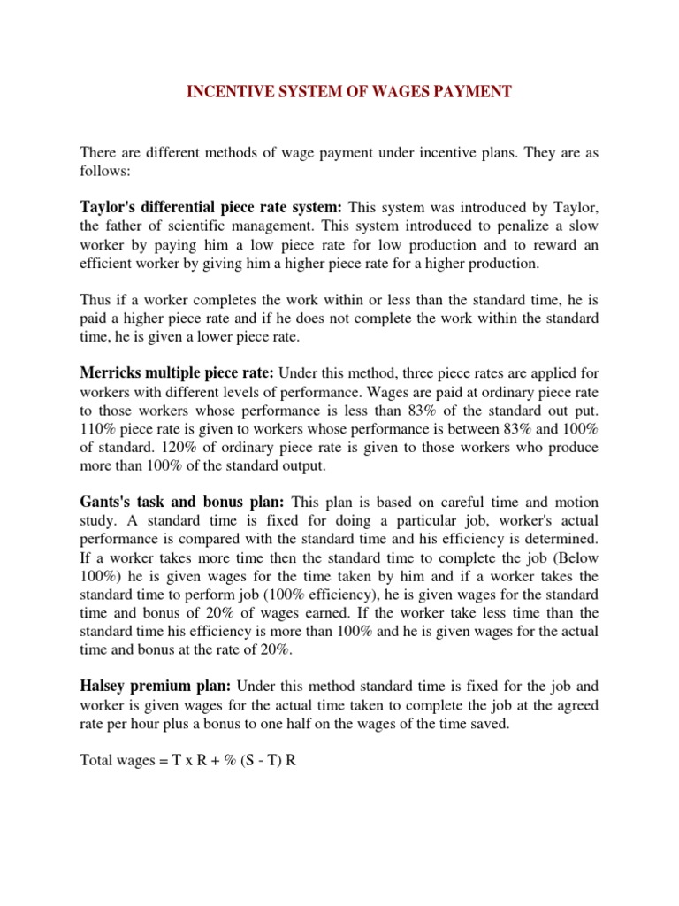 Incentive System of Wages | PDF | Piece Work | Incentive