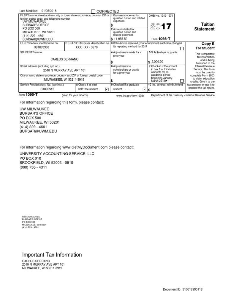 1098 T UWM 2017 PDF | PDF | Irs Tax Forms | Government Finances