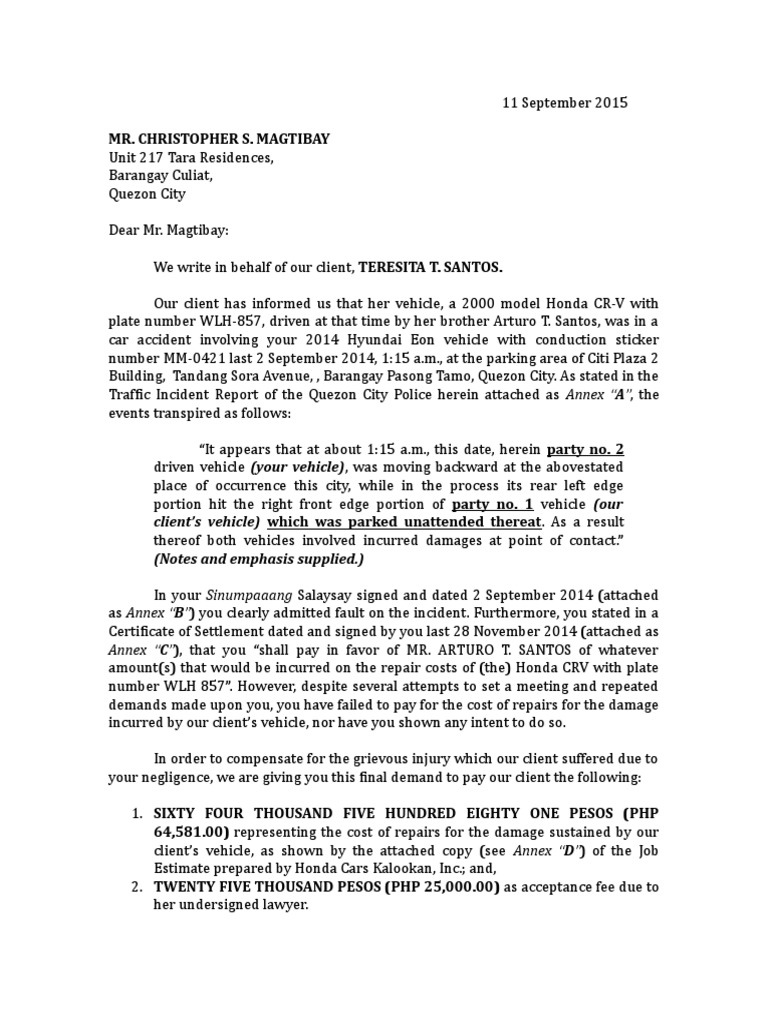 Damage Claim Letter Sample