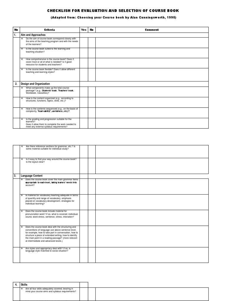 Checklist For Evaluation and Selection of Course Book | PDF | Learning ...