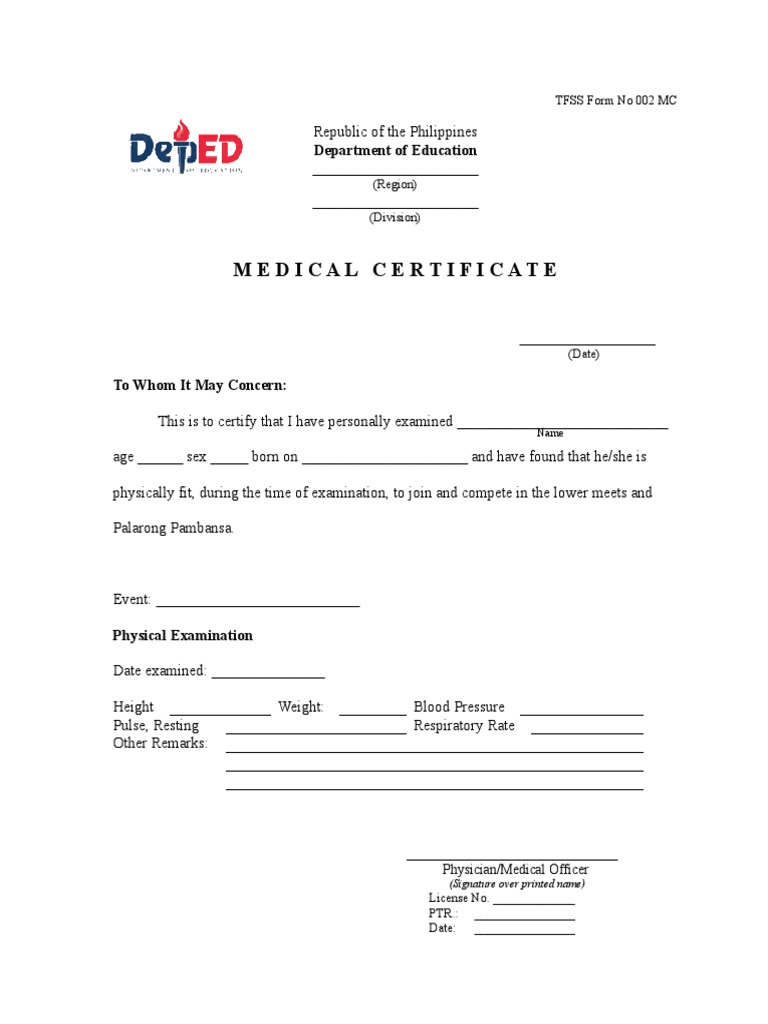 Medical Certificate Form Palaro | PDF