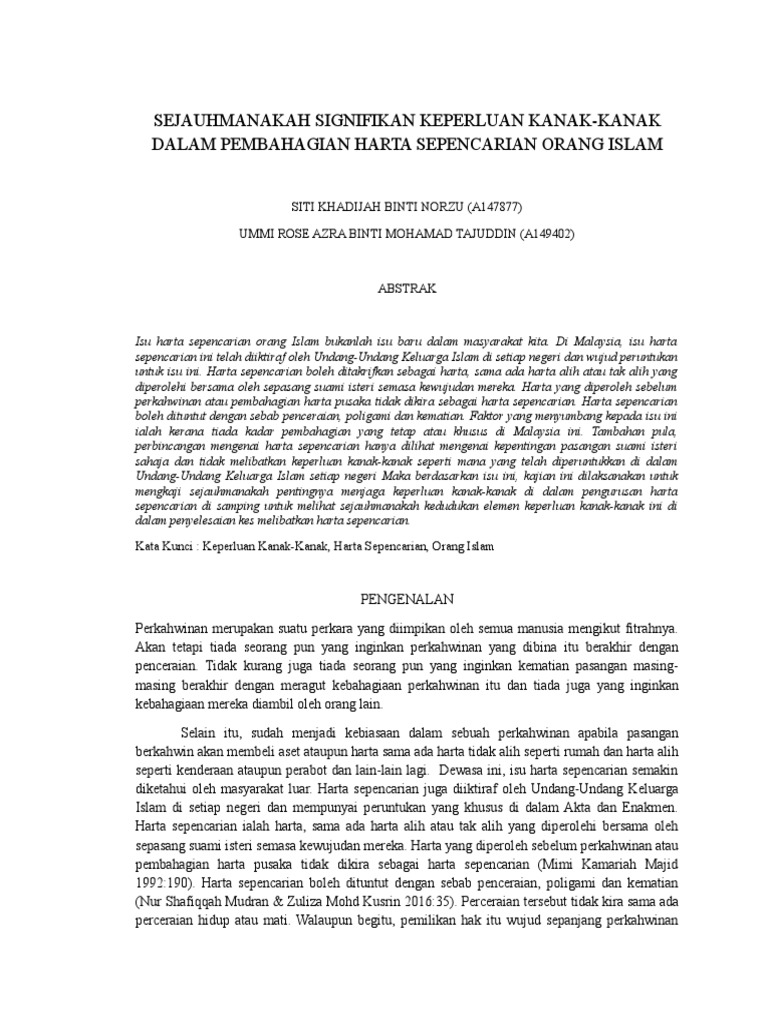 Sejauhmanakah Signifikan Keperluan Kanak-Kanak Dalam Pembahagian Harta Sepencarian Orang Islam | PDF