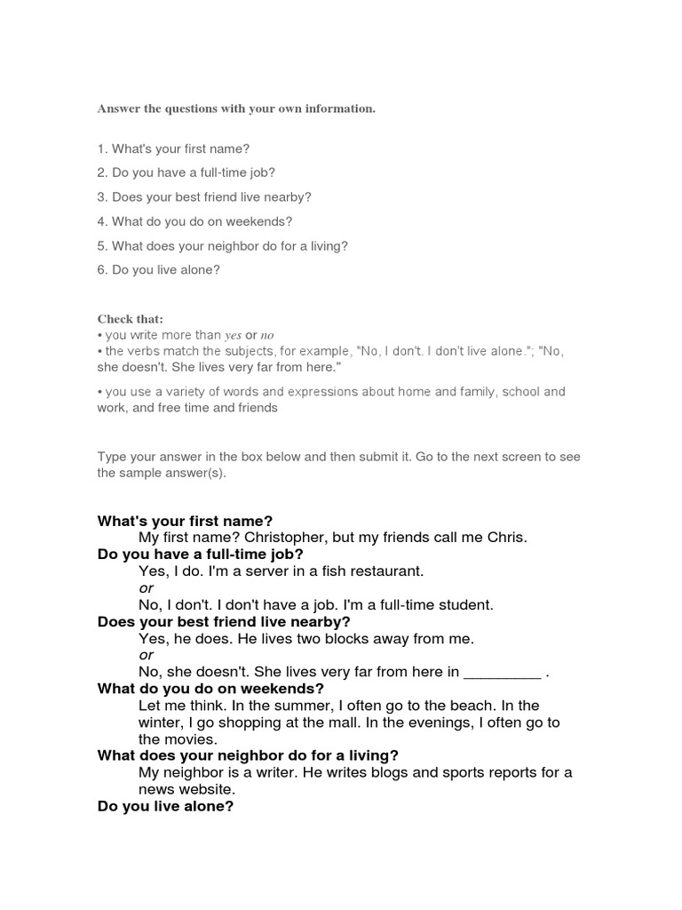 Answer The Questions With Your Own Information.: What's Your First Name ...