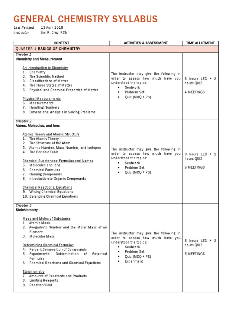 General Chemistry Course Syllabus | PDF | Chemical Equilibrium ...