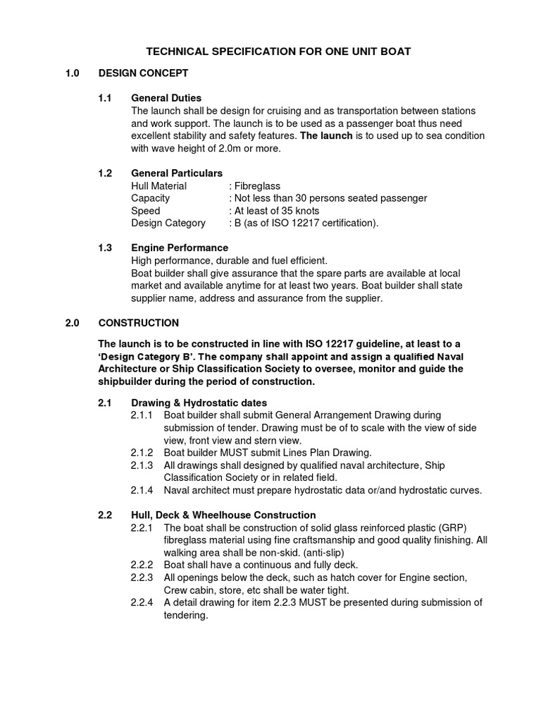 Technical Specification For One Unit Passenger Boat PDF | PDF | Naval ...