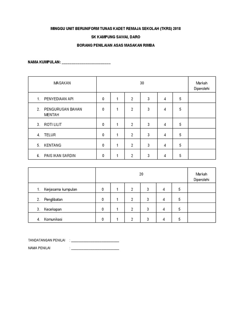 Borang Penilaian MASAKAN RIMBA | PDF