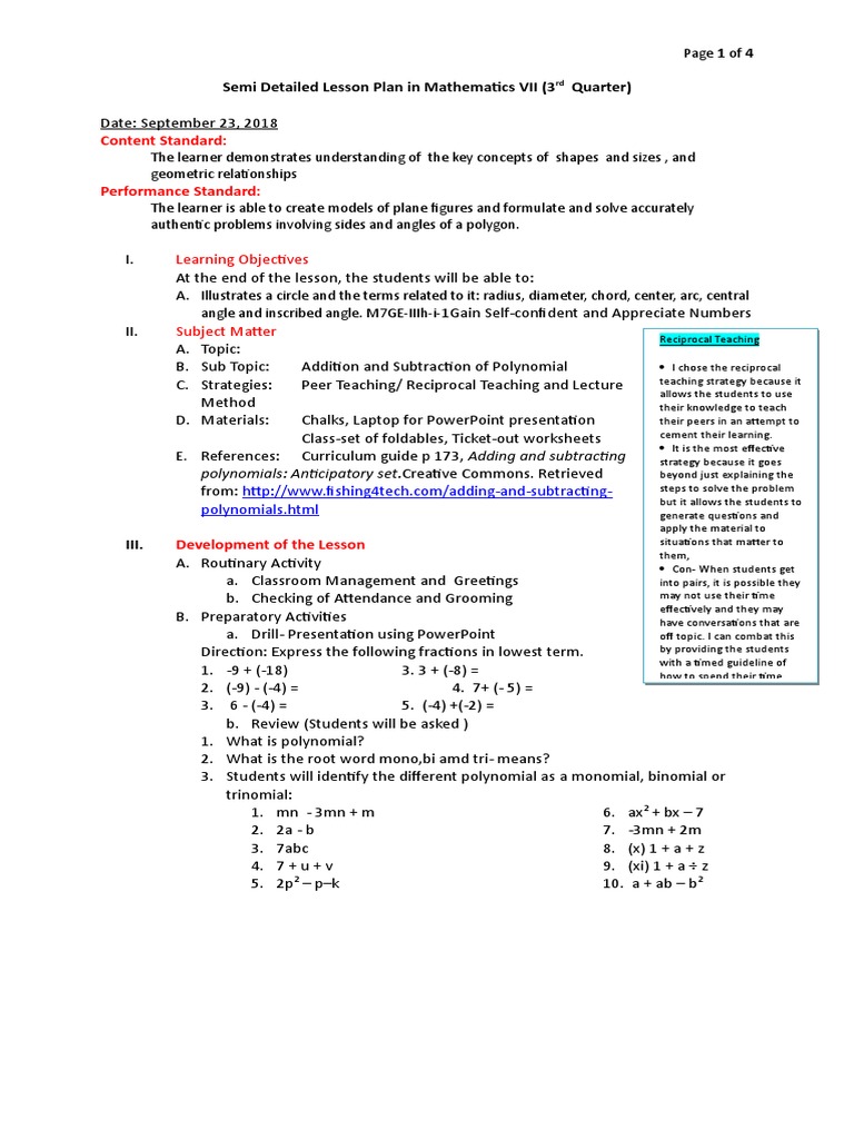 Adding & Subtracting Polynomials Lesson | PDF | Polynomial | Learning