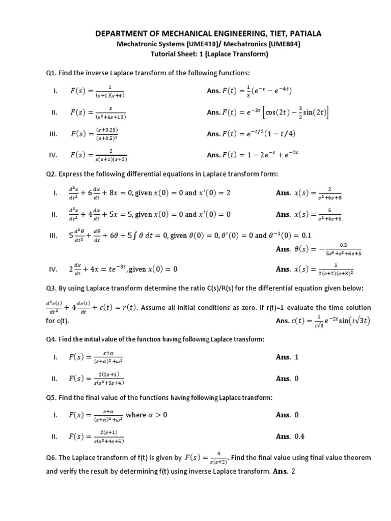 Tutorial Sheet 1 PDF | PDF | Laplace Transform | Mathematical Relations
