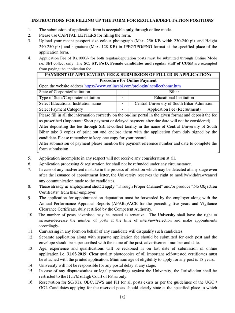 Instructions For Filling Up The Form For Regular/Deputation Positions ...