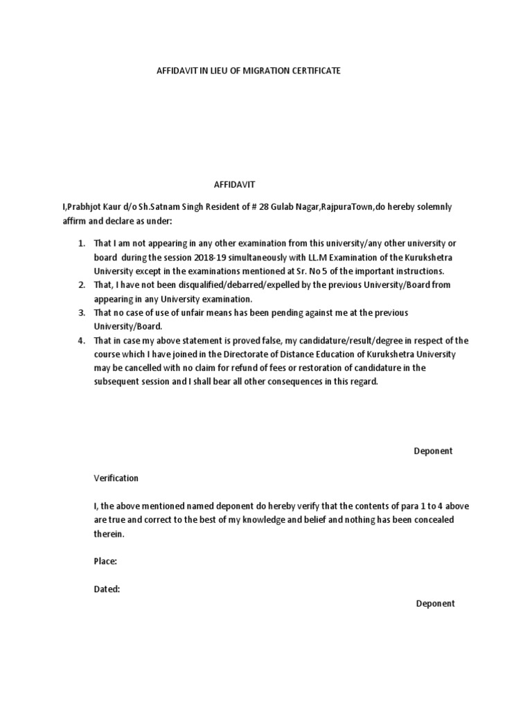 Affidavit for Migration Certificate | PDF
