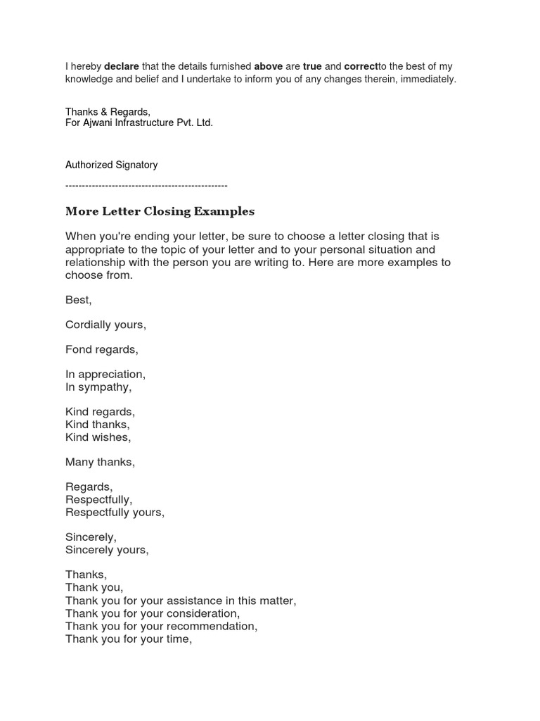 More Letter Closing Examples: Thanks & Regards, For Ajwani ...